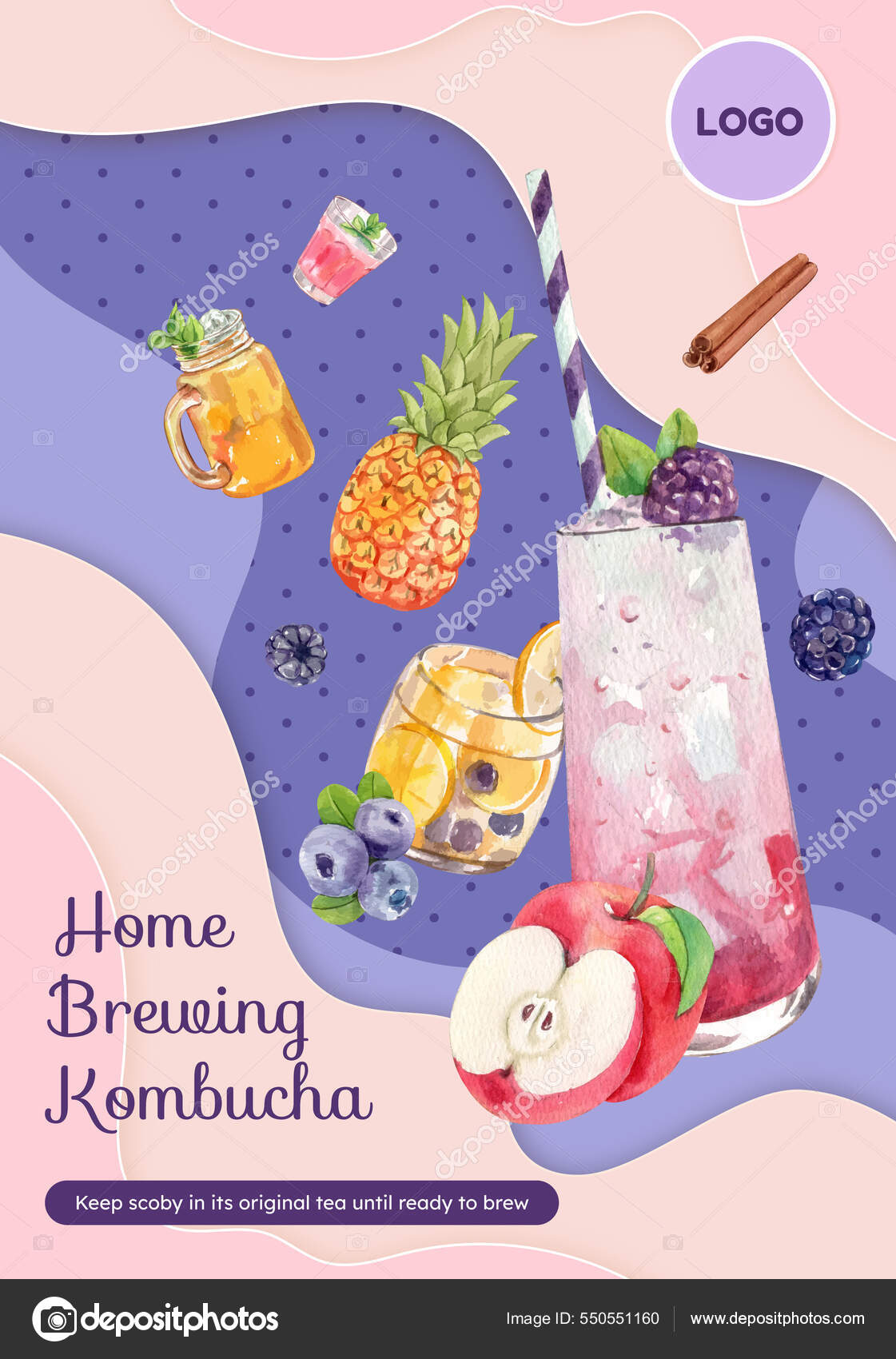 Templat Poster Dengan Kombucha Minum Konsep Cat Air Styl Vektor Stok ...