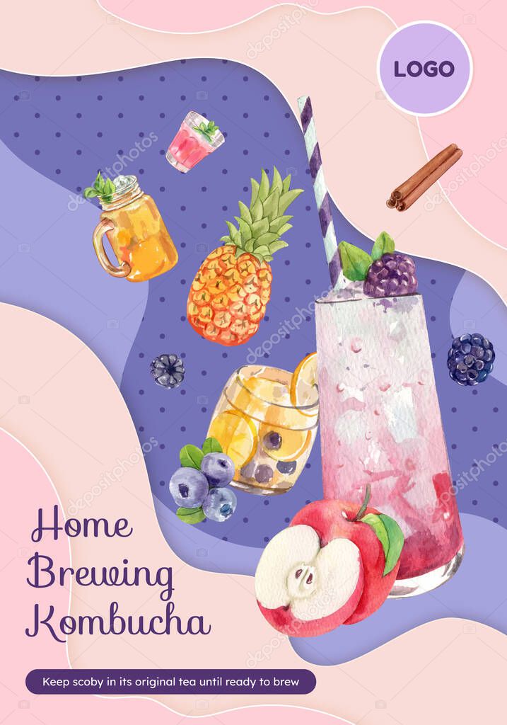 Plantilla de póster con concepto de bebida Kombucha, estilo acuarela 2022
