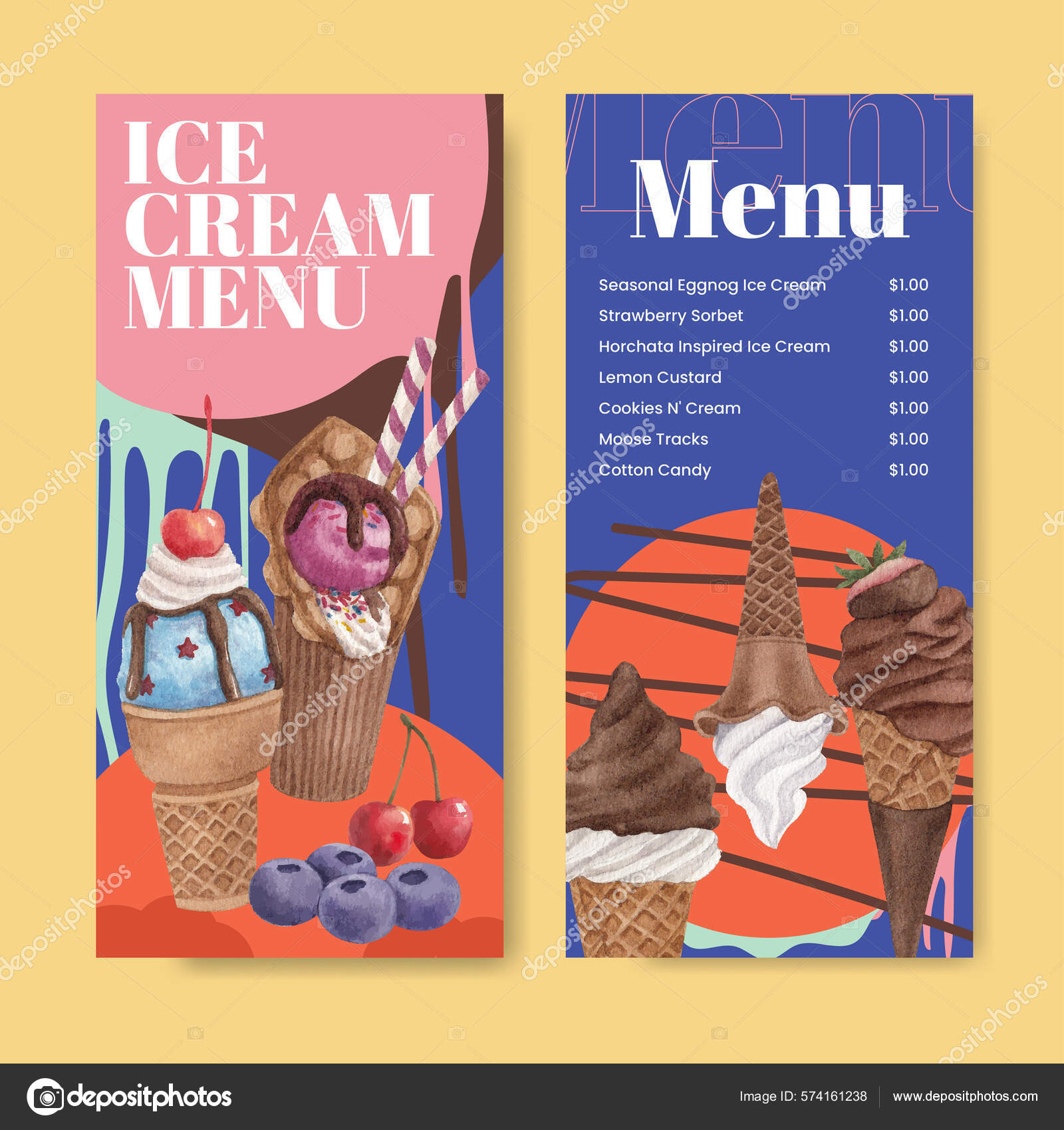 Menu Template Ice Cream Flavor Concept Watercolor Styl Stock Vector ...