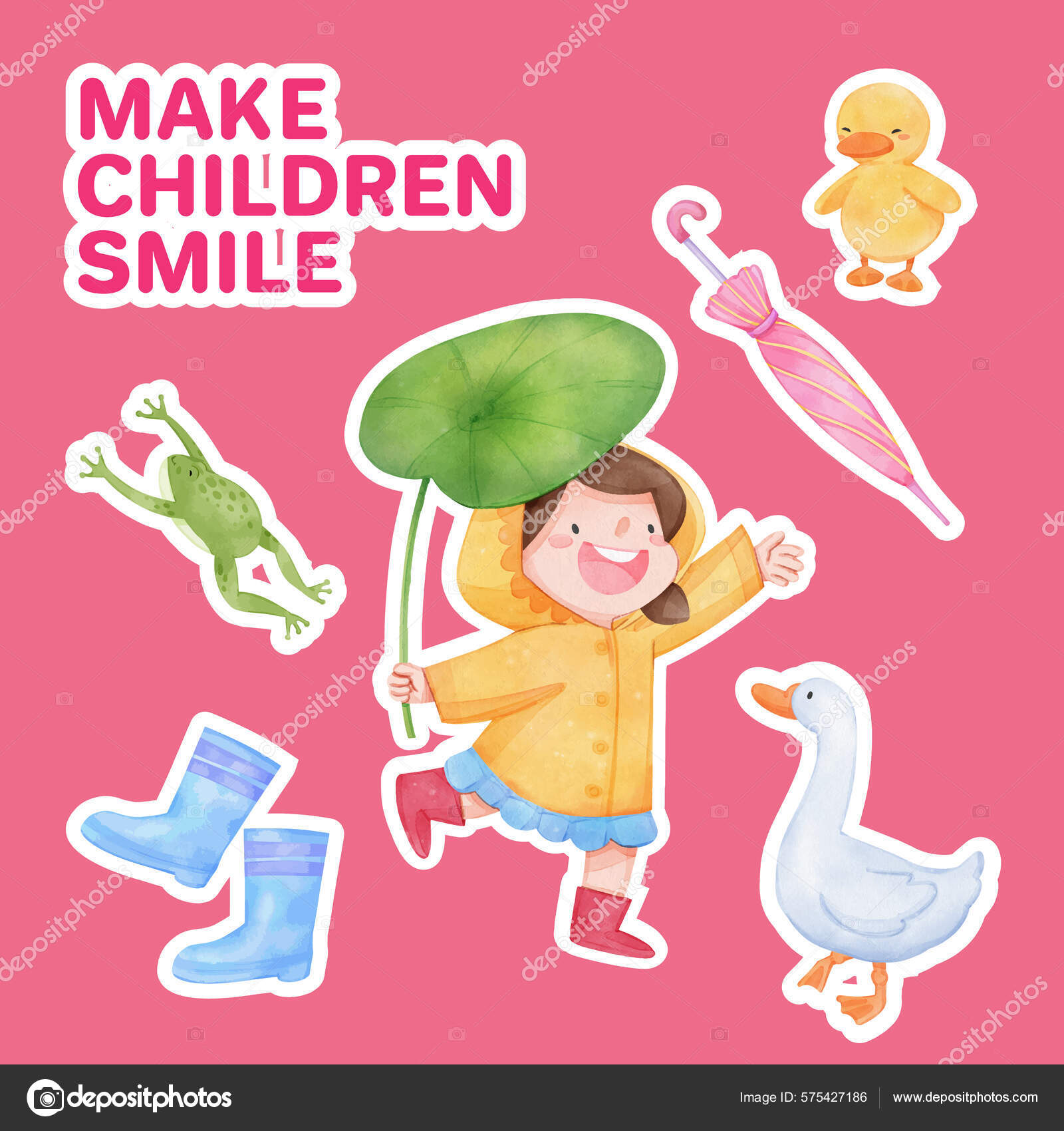 Sticker Template Children Rainy Season Concept Watercolor Styl Stock ...