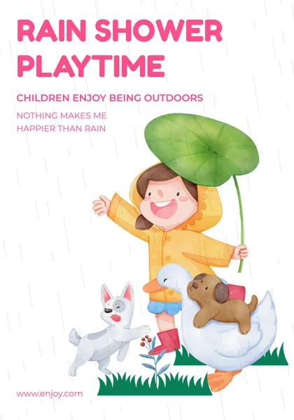 Sticker Template Children Rainy Season Concept Watercolor Styl Stock ...