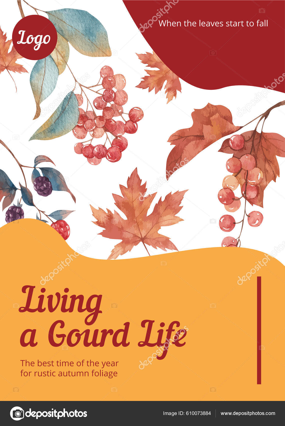 Poster Template Rustic Fall Foliage Concept Watercolor Styl Stock ...