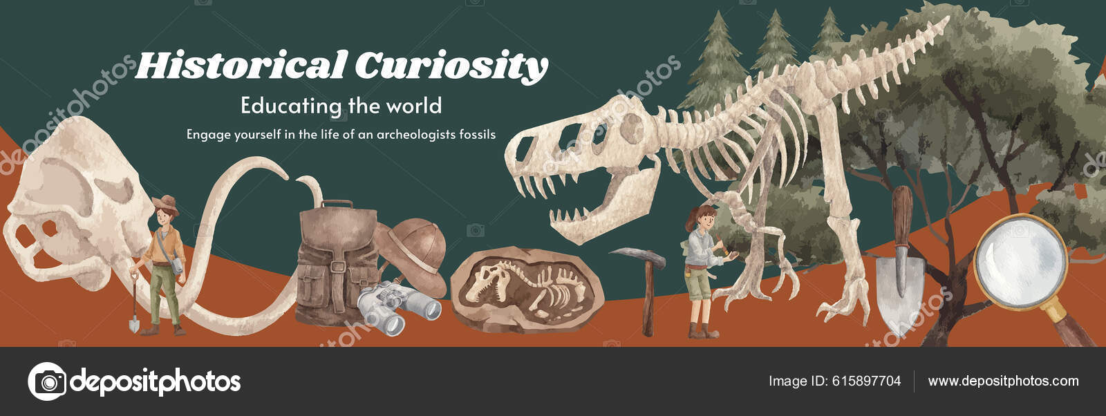 Facebook Ads Template Fossil Archeologist Concept Watercolor Styl Stock ...