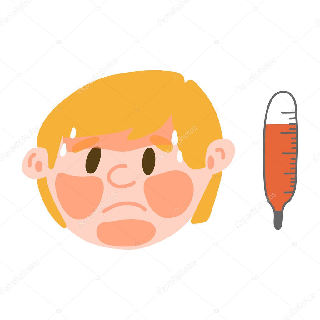 Hombre en fiebre con una alta temperatura en estilo plano de dibujos ...