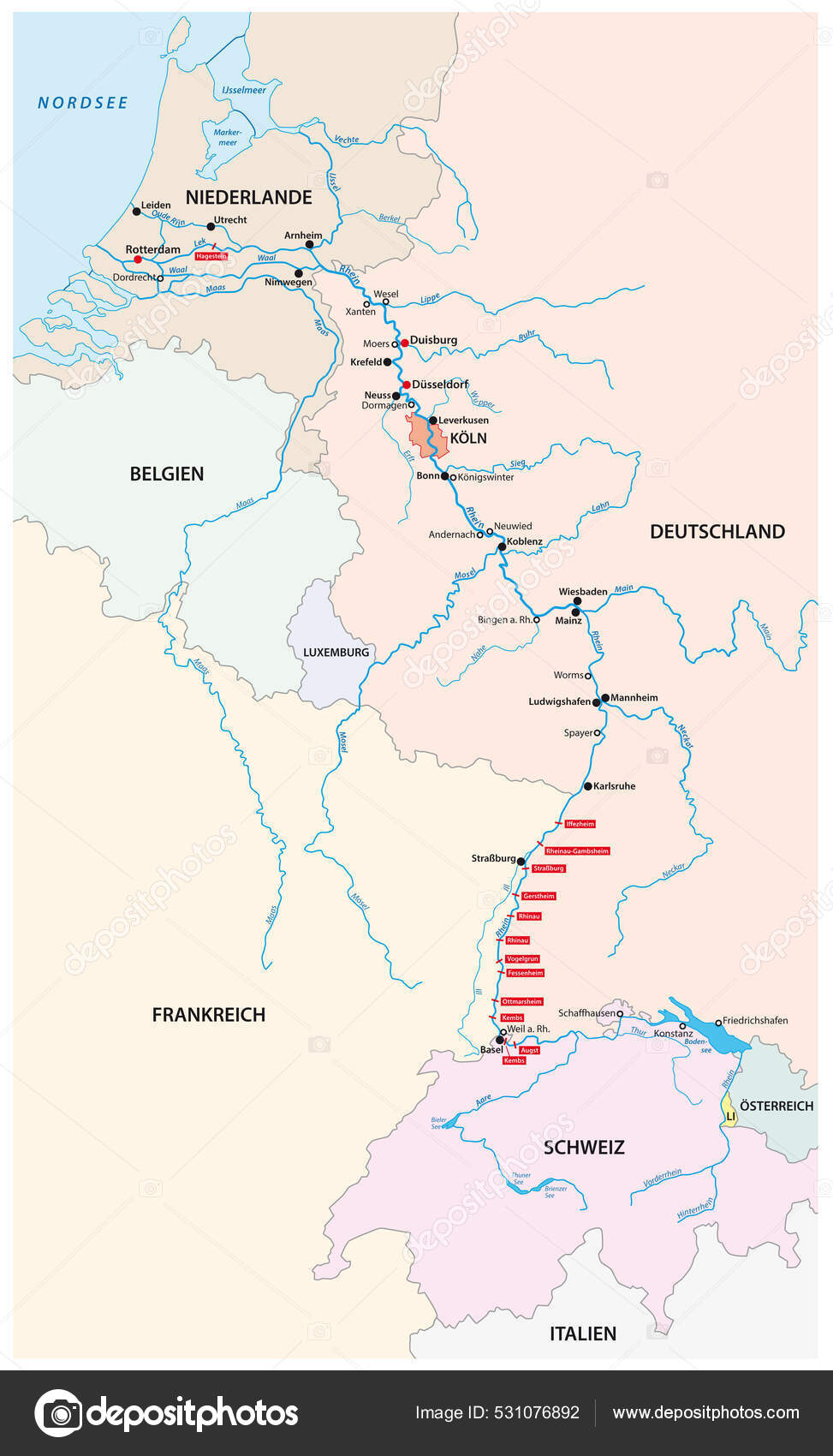 Mapa Del Sistema Fluvial Rin Con Las Ciudades Afluentes Más Vector de ...