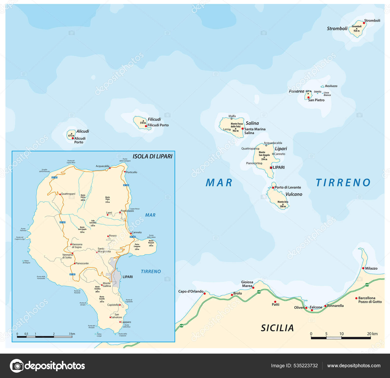 Map Lipari Island Aeolian Islands Sicily Italy Stock Vector Image by ...