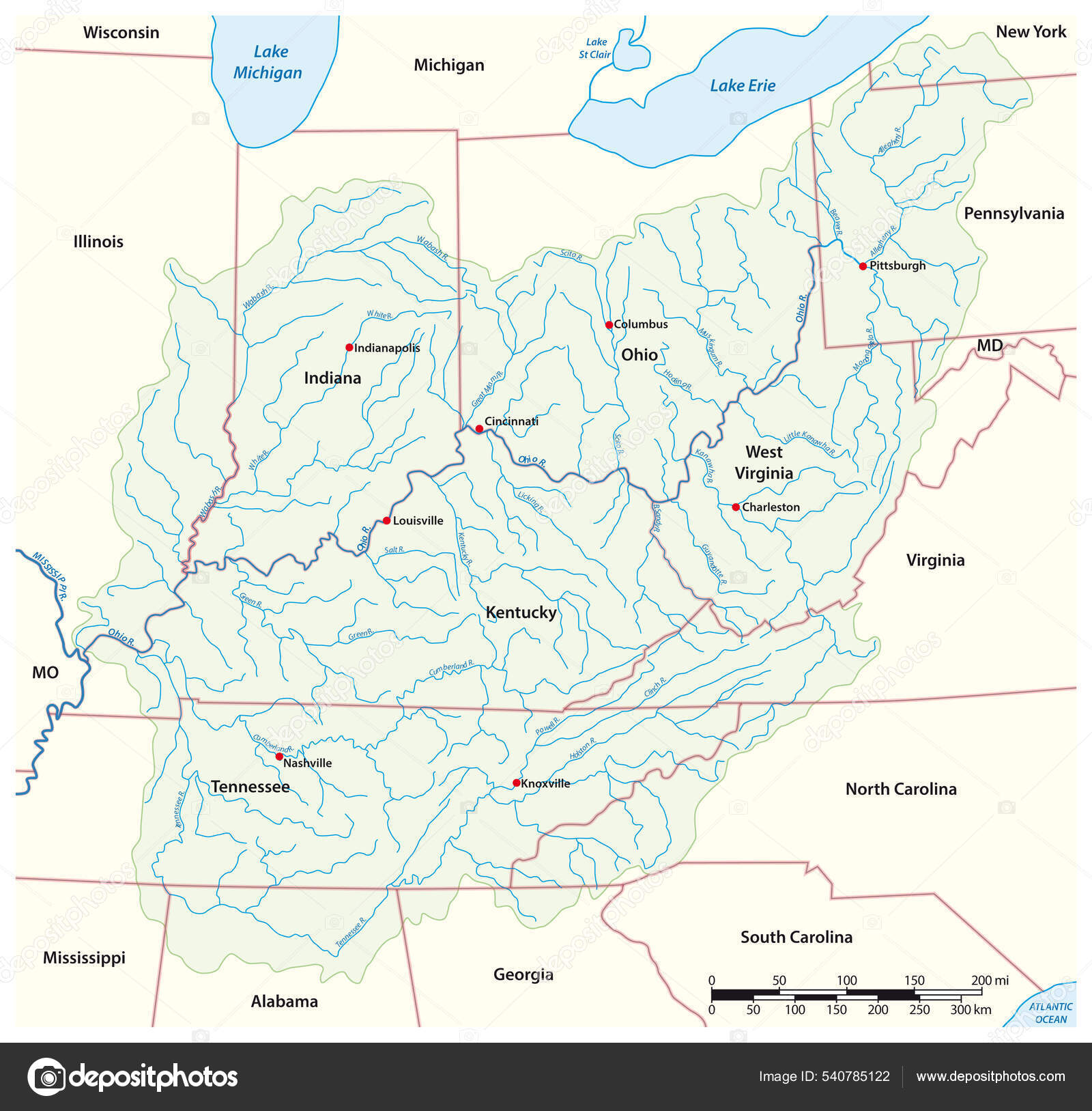Vector Map Drainage Basin Ohio River Usa Stock Vector Image by ...
