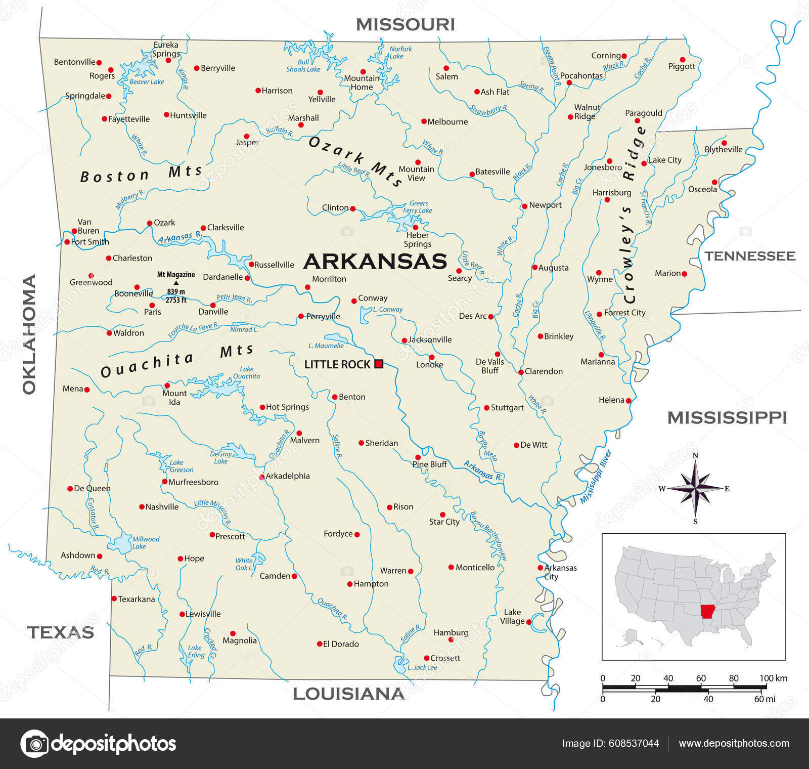 Highly Detailed Physical Map State Arkansas Stock Vector Image by ...
