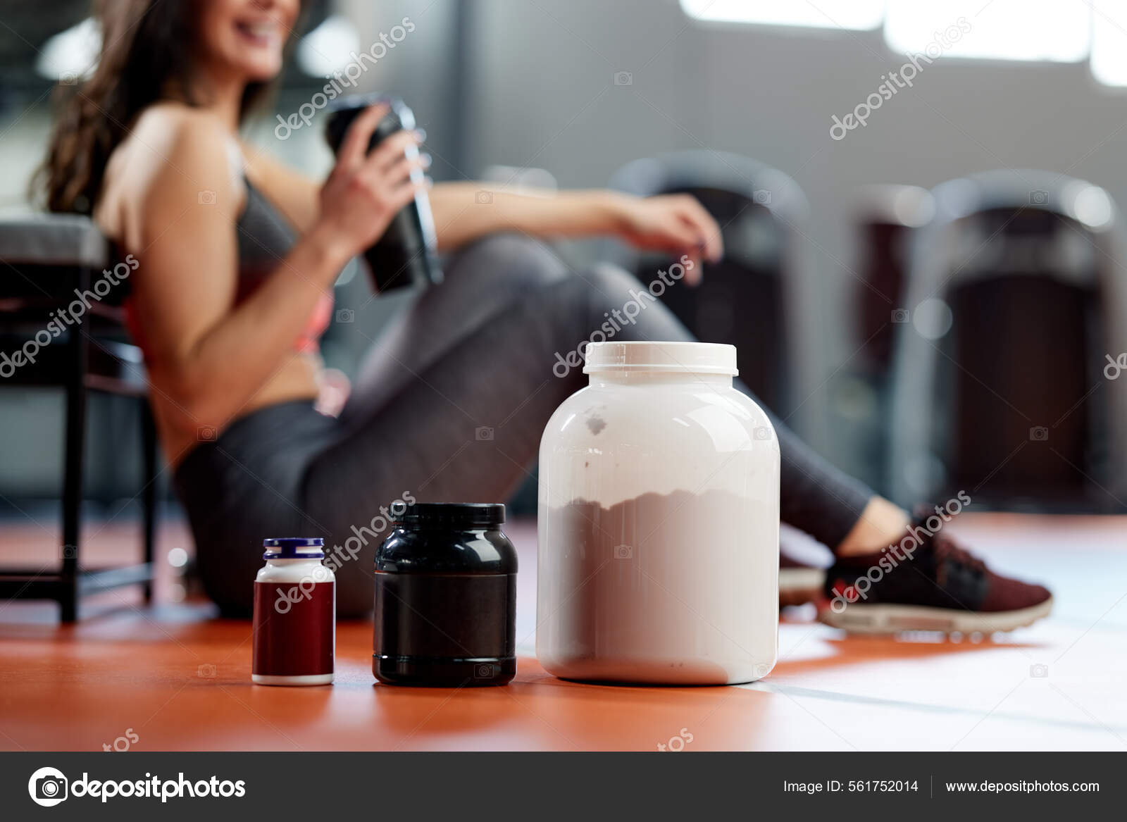 Selective Focus Protein Powder Multivitamins Jars Gym Floor Sporty ...