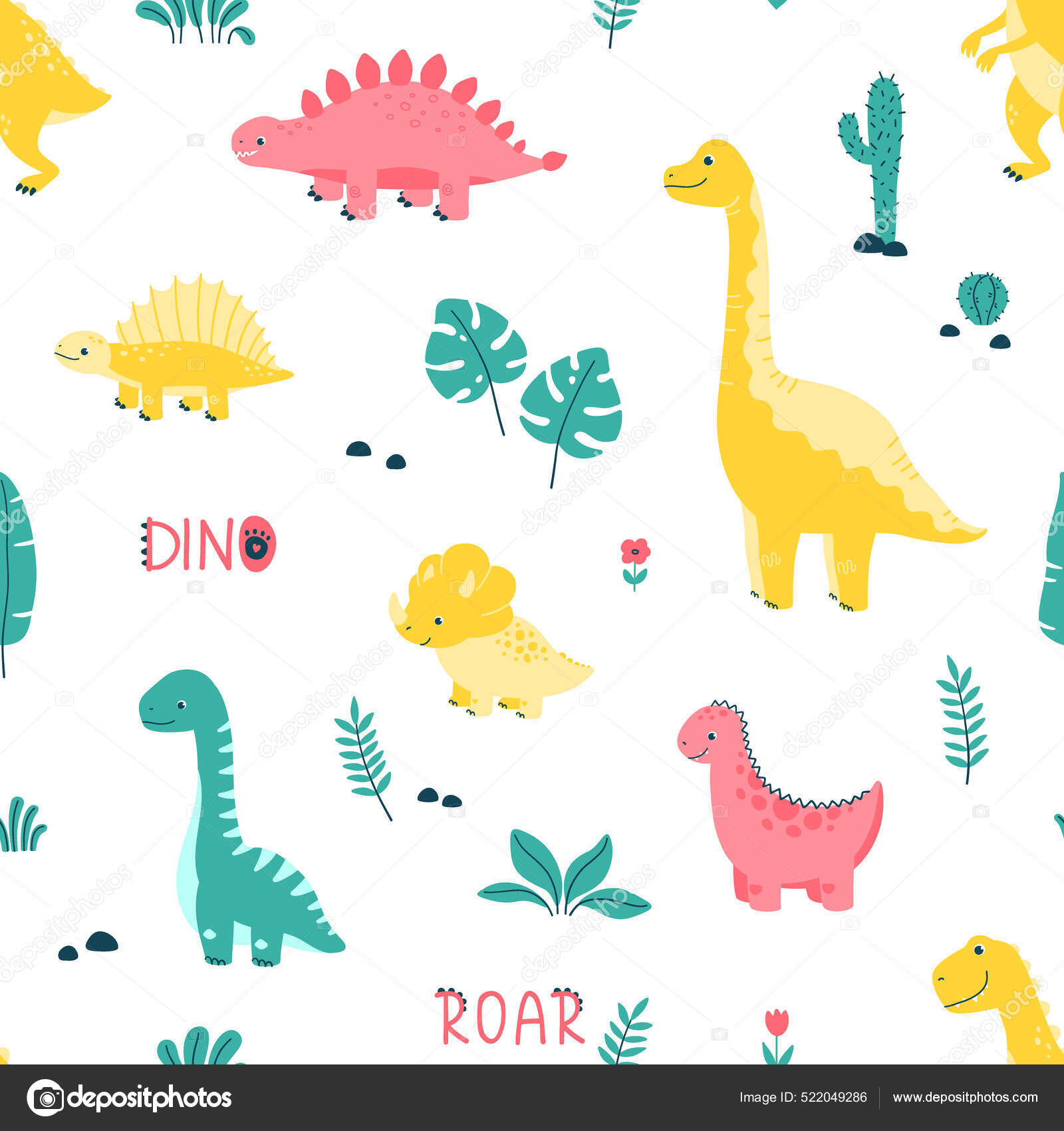 Vector Seamless Pattern Cute Dinosaurs Text Dino Leaves Flowers White ...