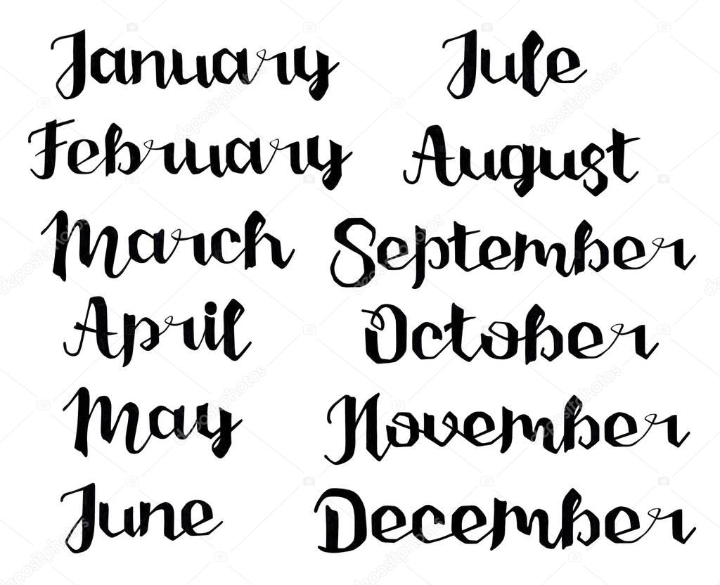 Los meses del año están escritos a mano en inglés. Inscripciones en el calendario, organizador ...