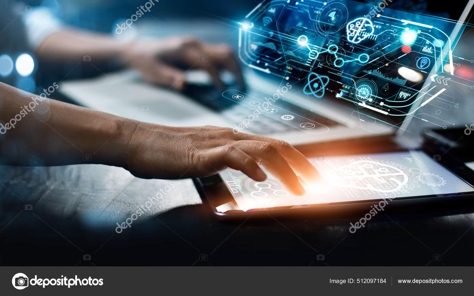 Data Scientists Programmer Using Laptop Tablet Analyzing Development Various Information — Stock