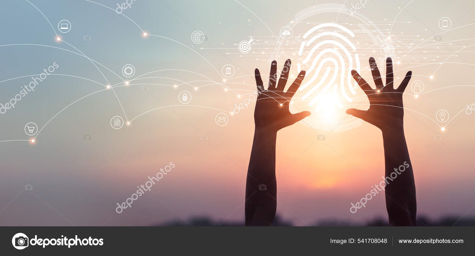 Abstract Palm Hands Touching Fingerprint Identification Access Personal ...