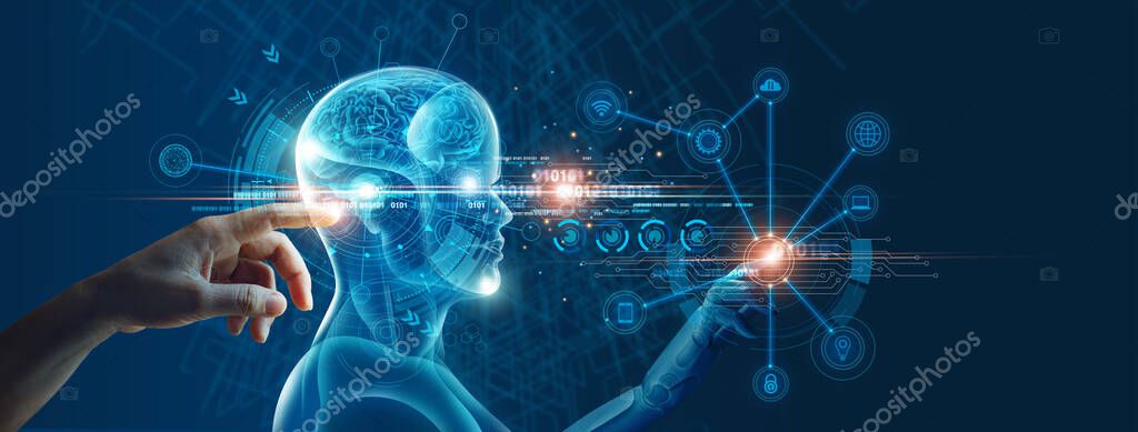 El aprendizaje automático. Mano toque un robot en la red y datos binarios. Inteligencia ...