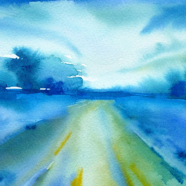 Road, blue landscape. Watercolor illustration. Oriental painting. High ...