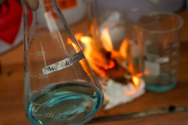 Chemical alcohol fire in the laboratory or industry at night - Stock ...