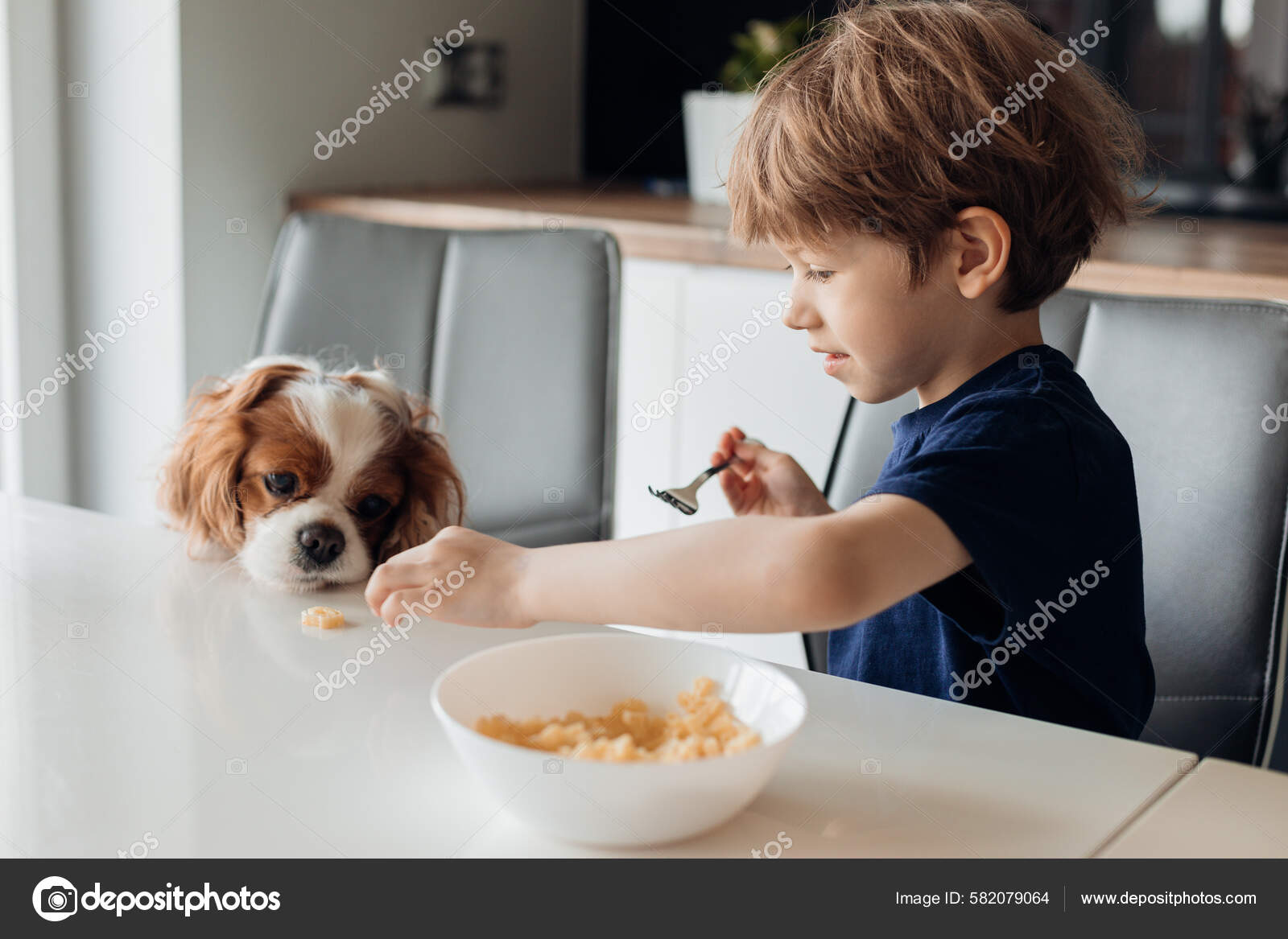 Little Boy Sitting Table Modern Kitchen Morning Having Breakfast ...