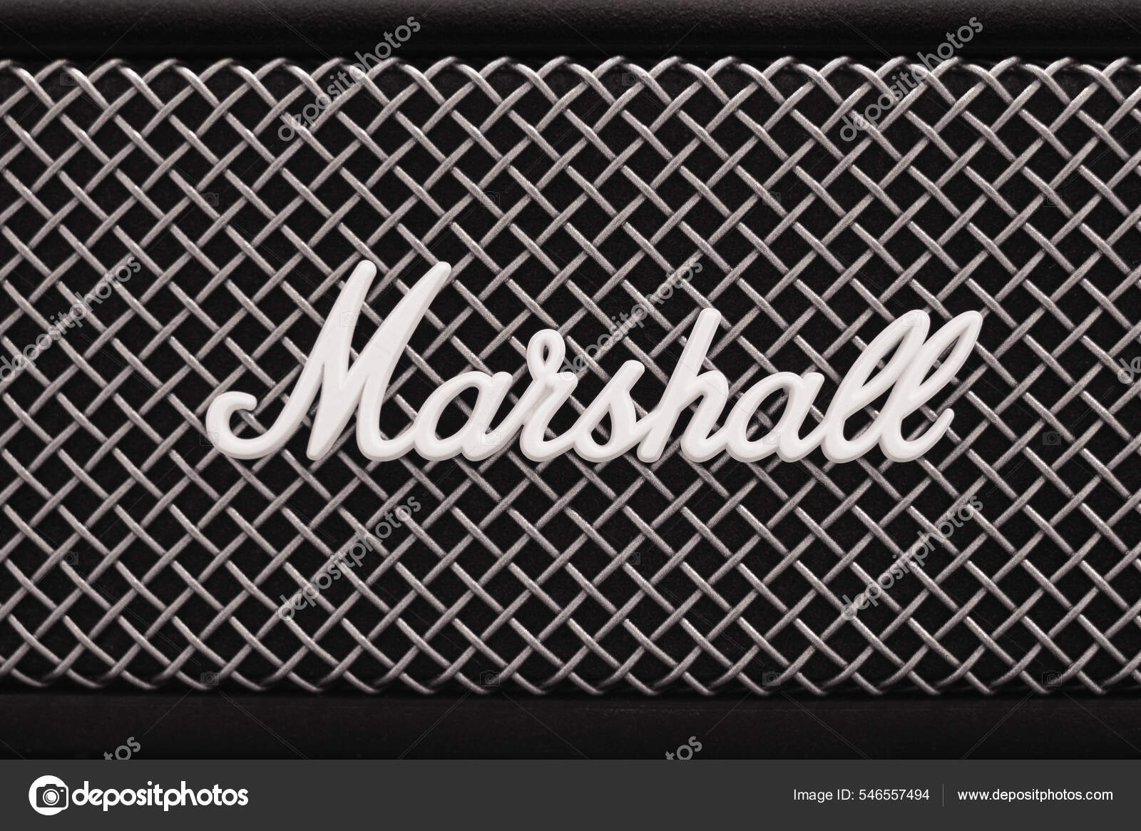 Marshall Amplification logo over speakers surface, close-up. Moscow ...