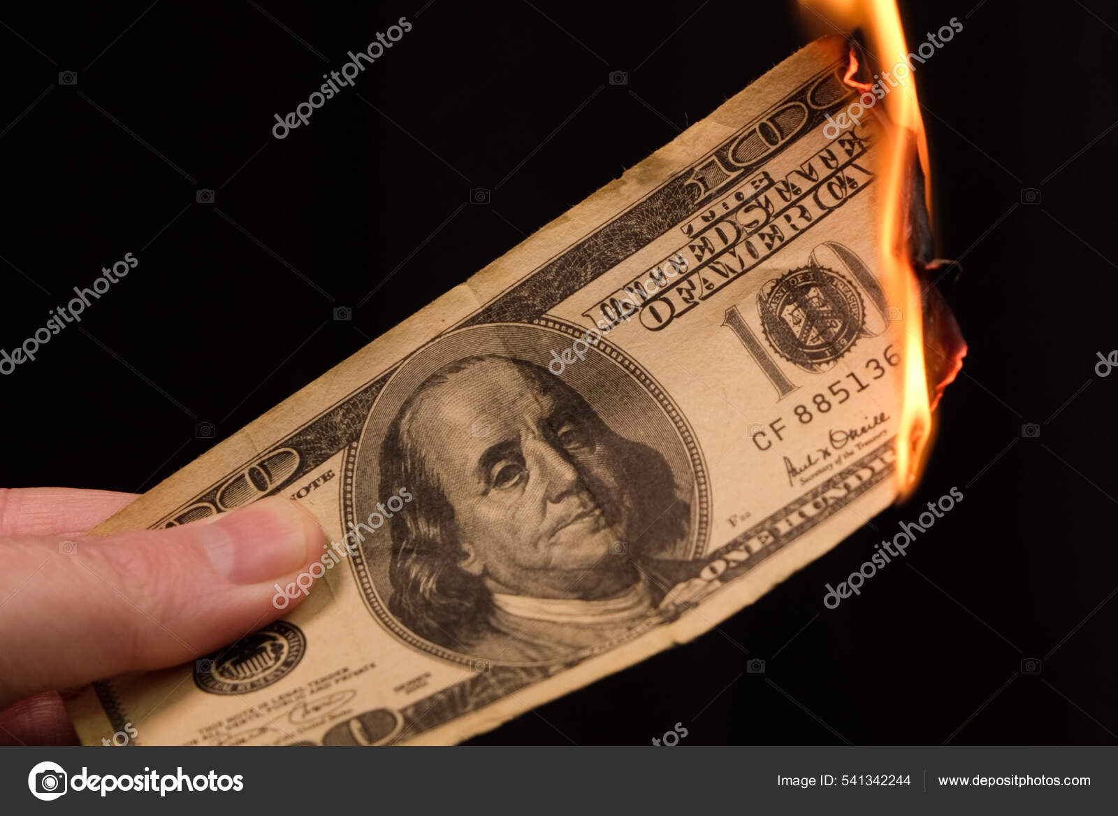 Hand Holding Burning Hundred Dollar Bill American Money Black ...