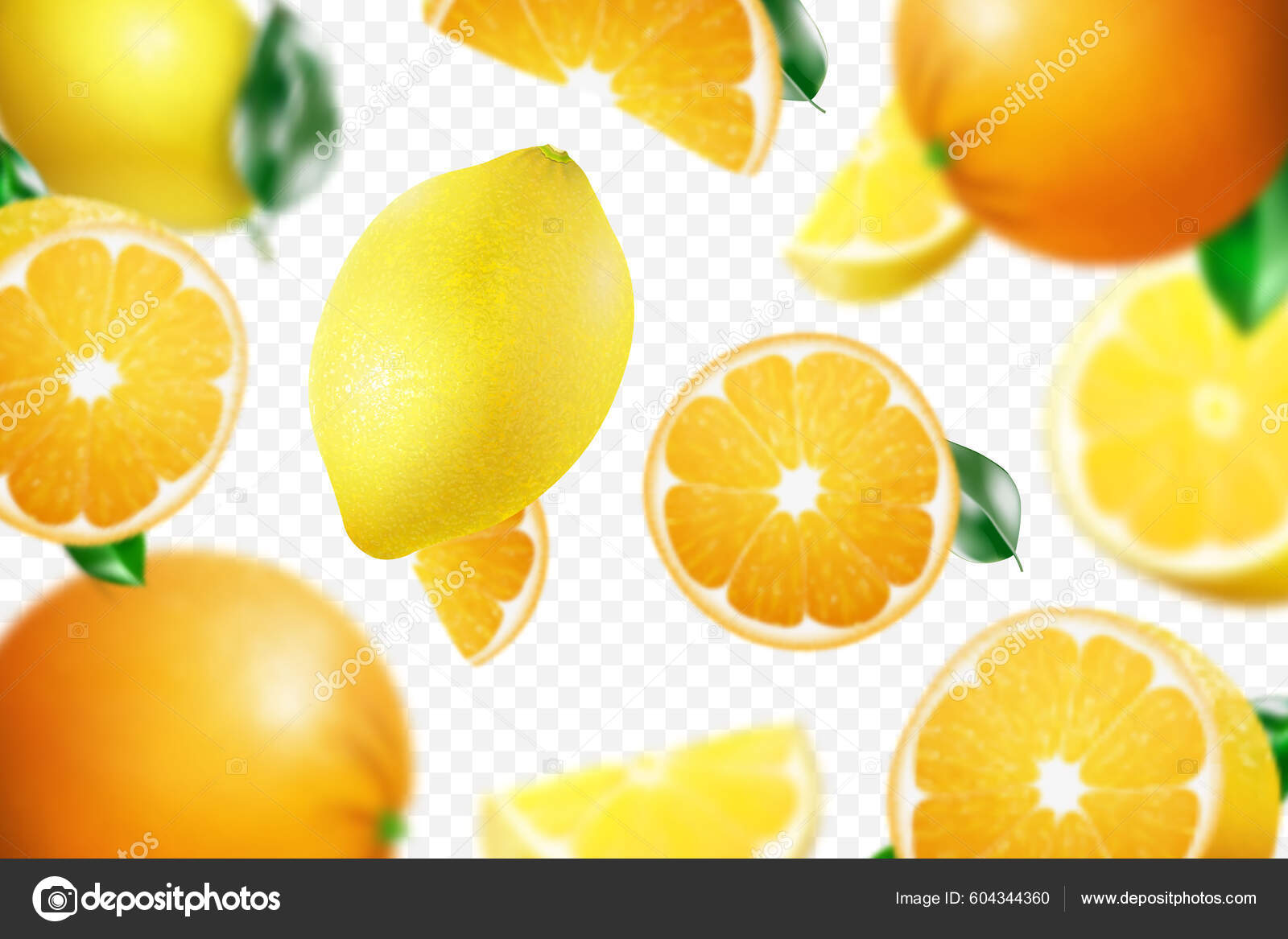 Realistic Citrus Background Flying Oranges Lemons Blur Effect Falling ...