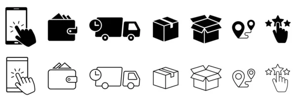 Click and collect order, vector icons set, online order, delivery truck ...