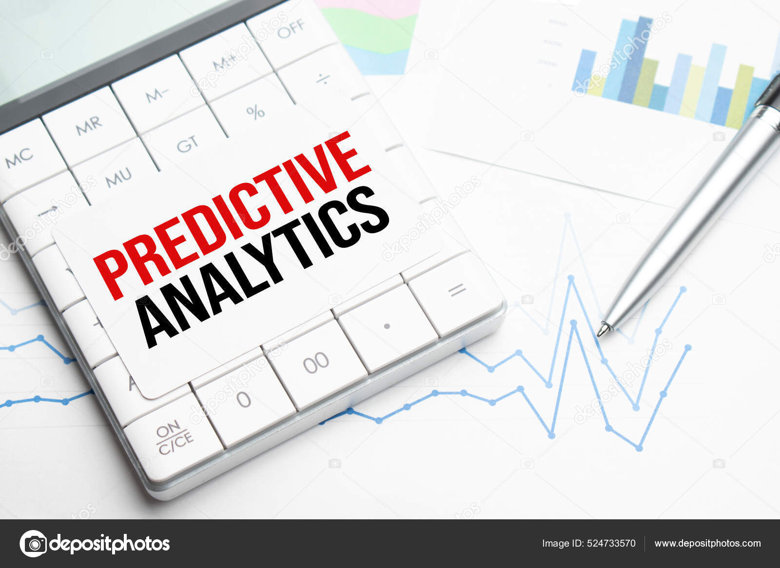 Text Predictive Analytics Calculator Pen Charts Documents Graphs Business Tax Stock Photo by ...