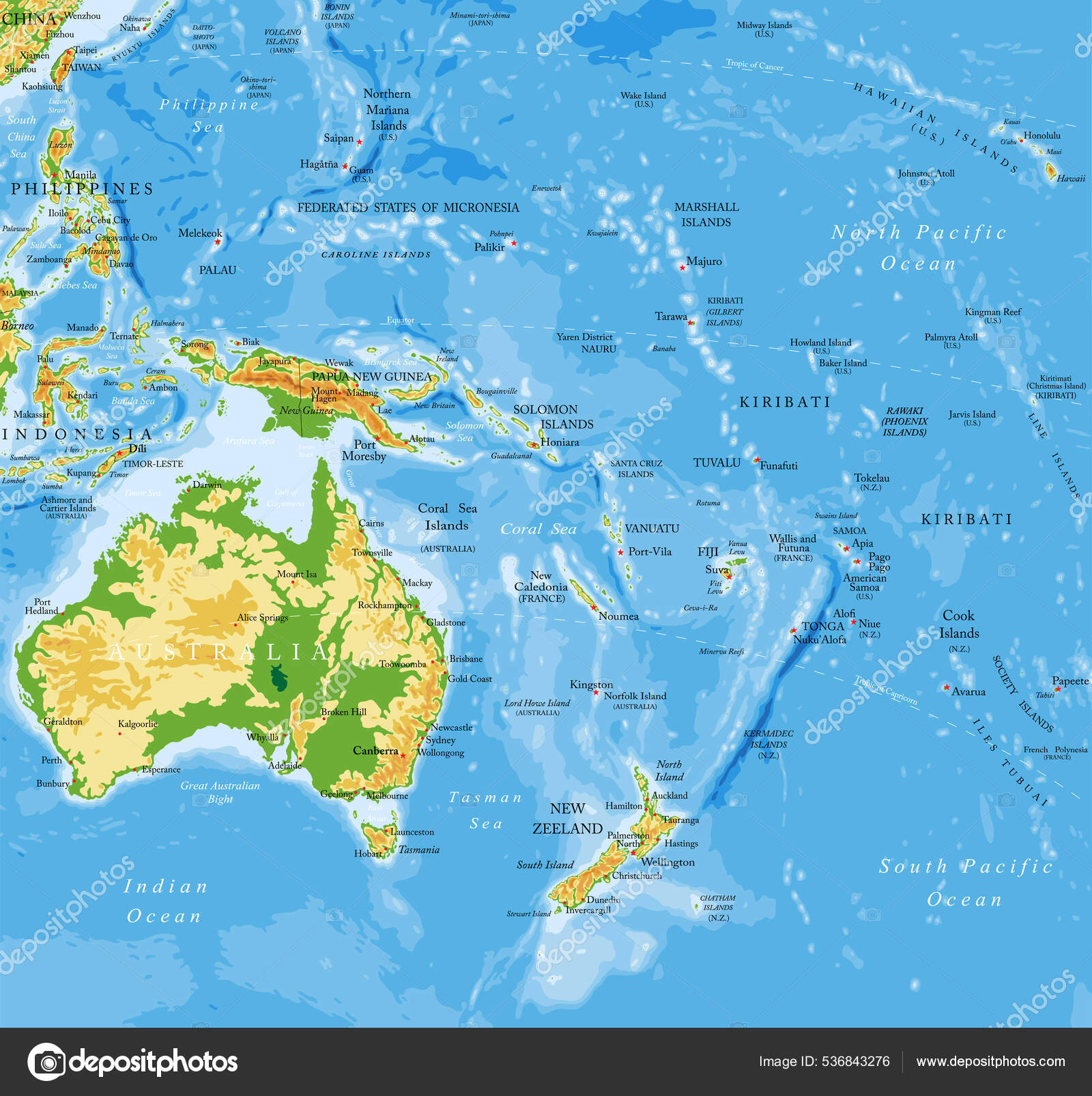 Oceânia Mapa Físico Altamente Detalhado imagem vetorial de ...