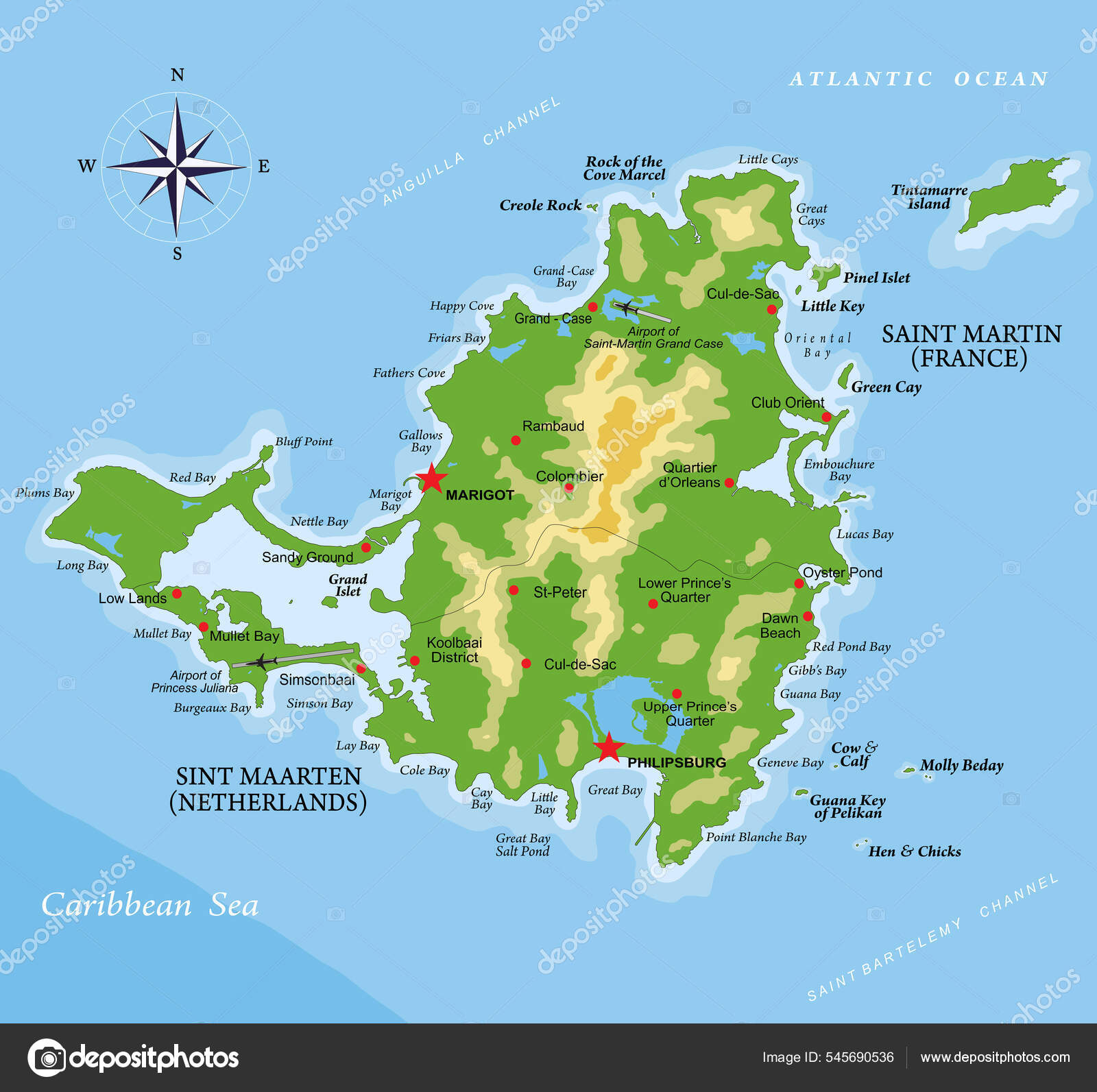 Ilha Saint Martin Mapa Físico Altamente Detalhado Vetor de ...