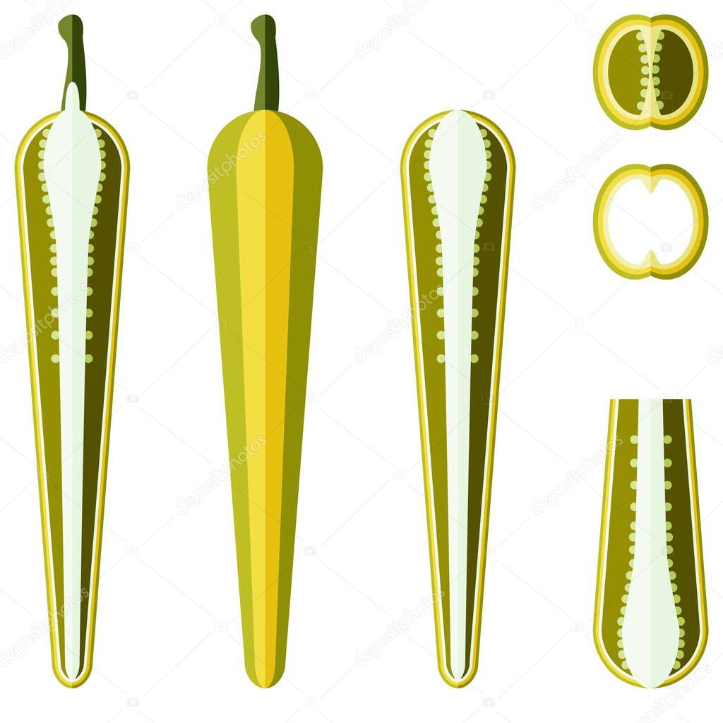 Set of Banana Pepper. Whole, half, sliced and wedges peppers. Yellow ...