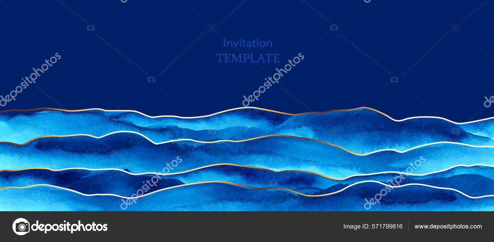 Horizontal background with blue waves and golden lines. Abstract sea ...