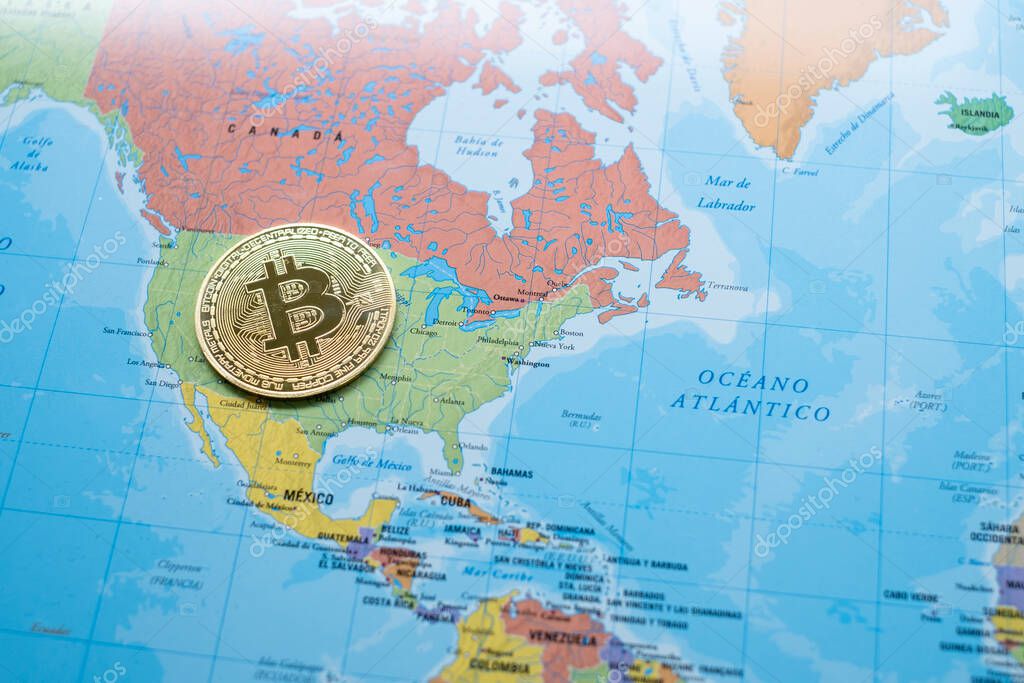 un bitcoin en un mapa político de América del Norte, en el territorio de los estados unidos, el ...