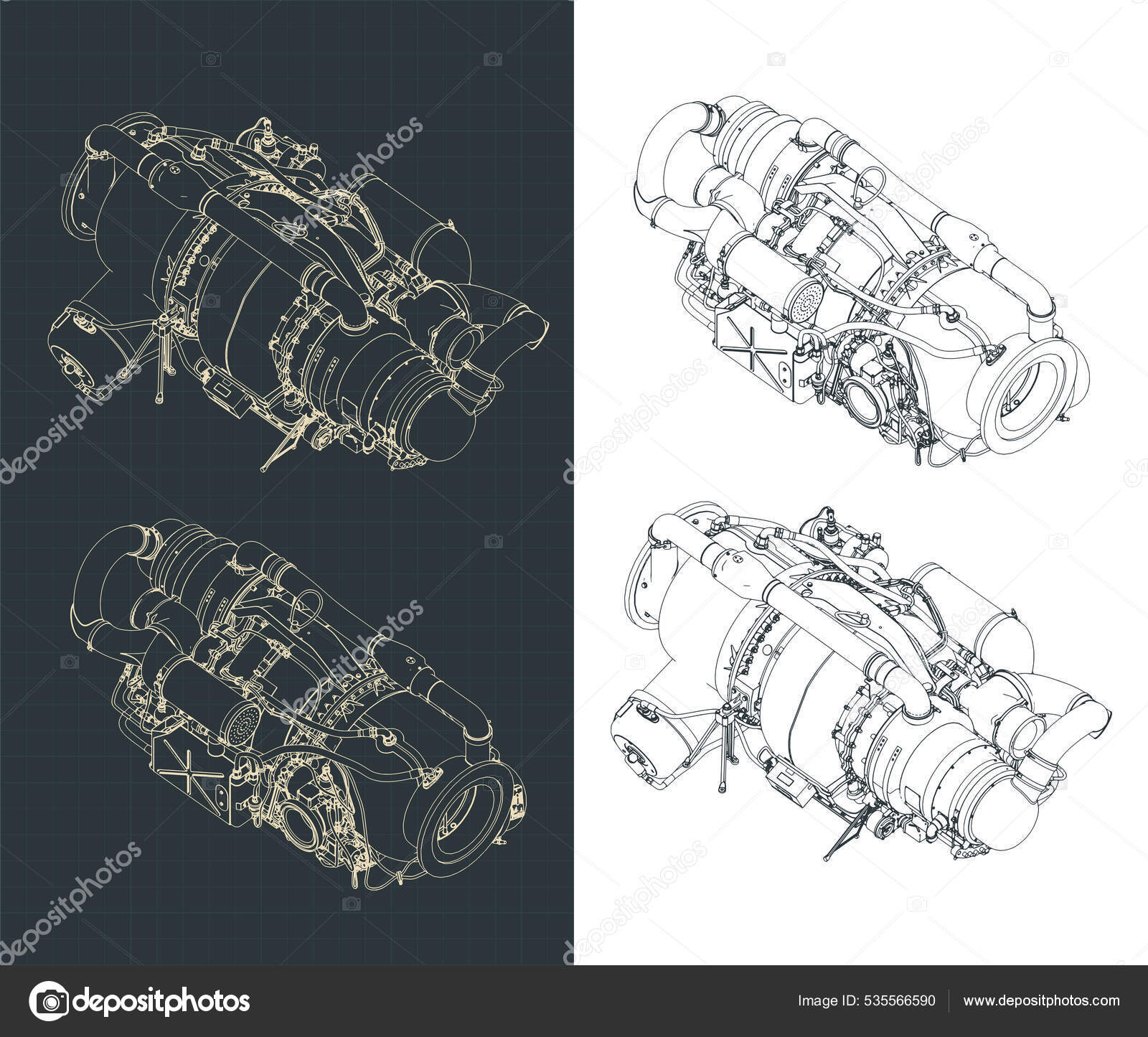 Stylized Vector Illustration Isometric Blueprints Aircraft Gas Turbine ...