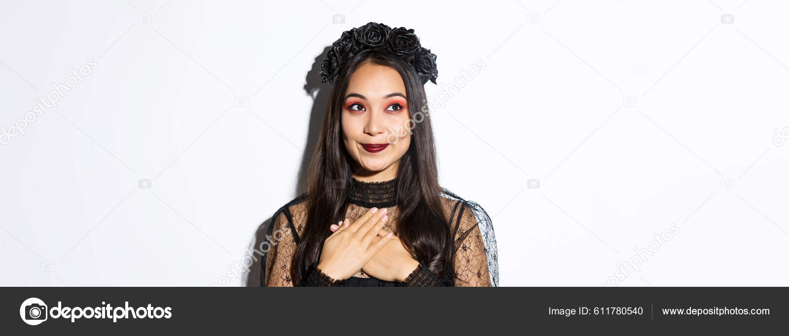 Close Nostalgic Smiling Asian Woman Looking Upper Left Corner Dreamy ...