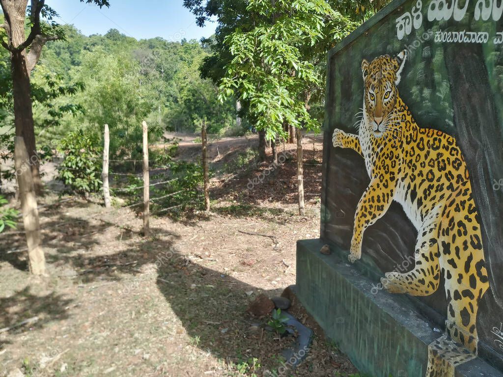 A tiger, Panthera tigris, on the sign board at Karnataka tiger reserve ...