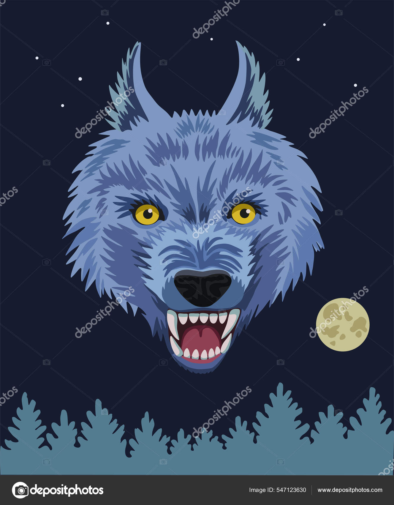Concept of angry wolf on dark background. Cartoon scary aggressive wolf ...