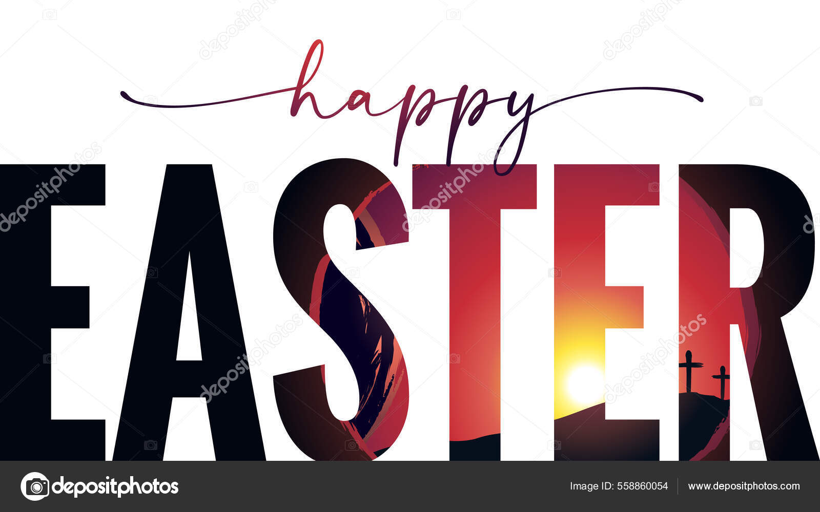 Happy Easter Typography Tomb Calvary Three Cross Holy Week Poster Stock ...