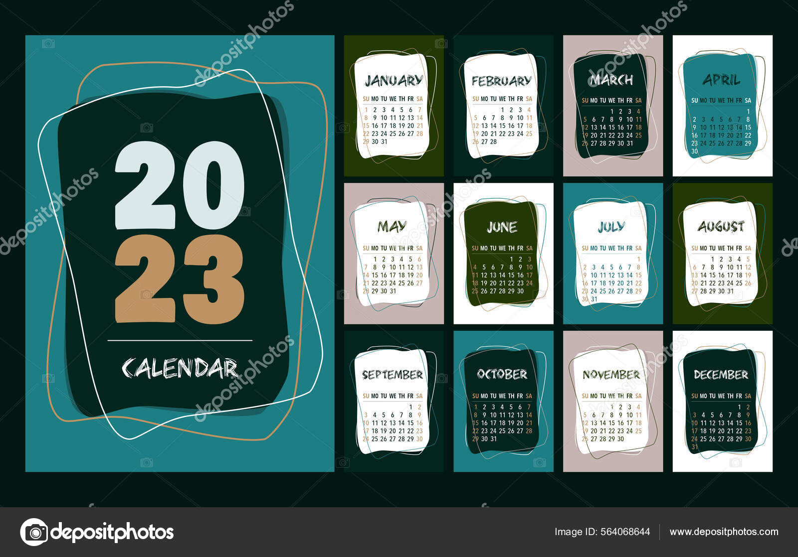 Calendar 2023 Template Turquoise Green Gray White Black Desk Calendar ...