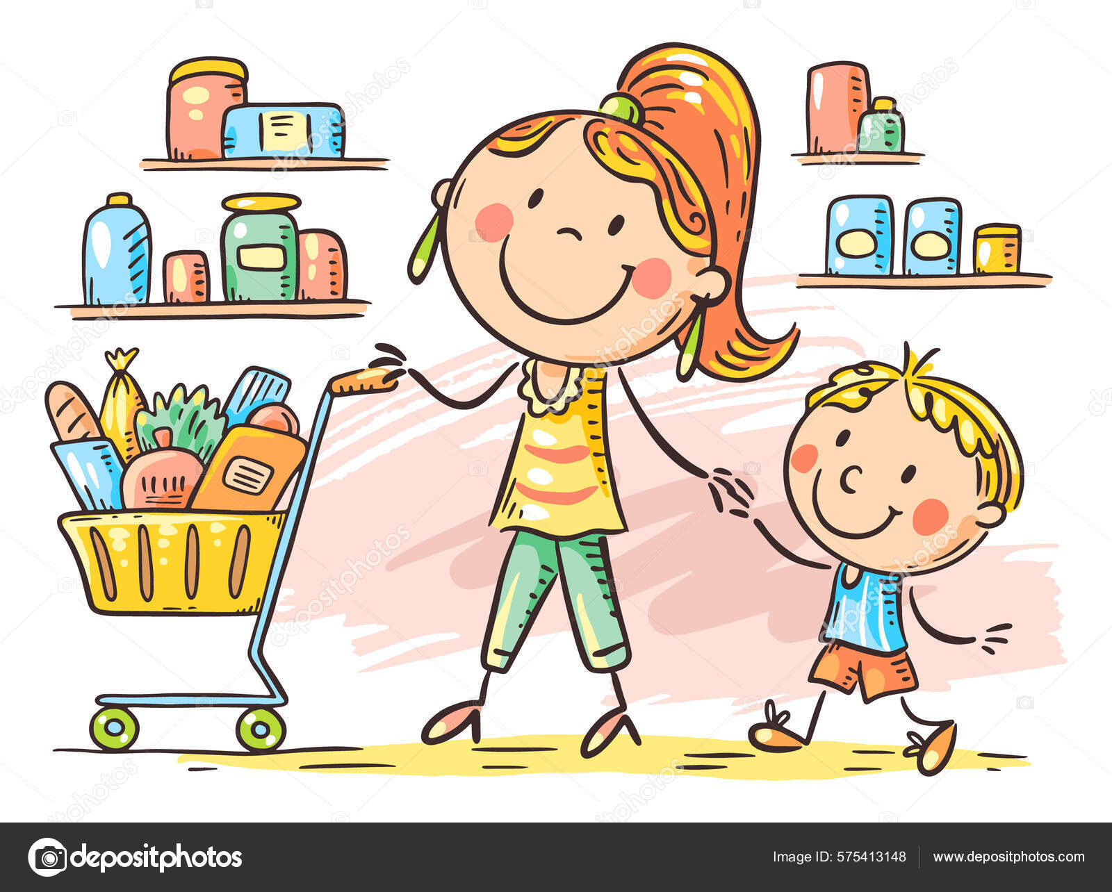 Dibujos Animados Garabato Mamá Hijo Supermercado Con Carrito Compras ...