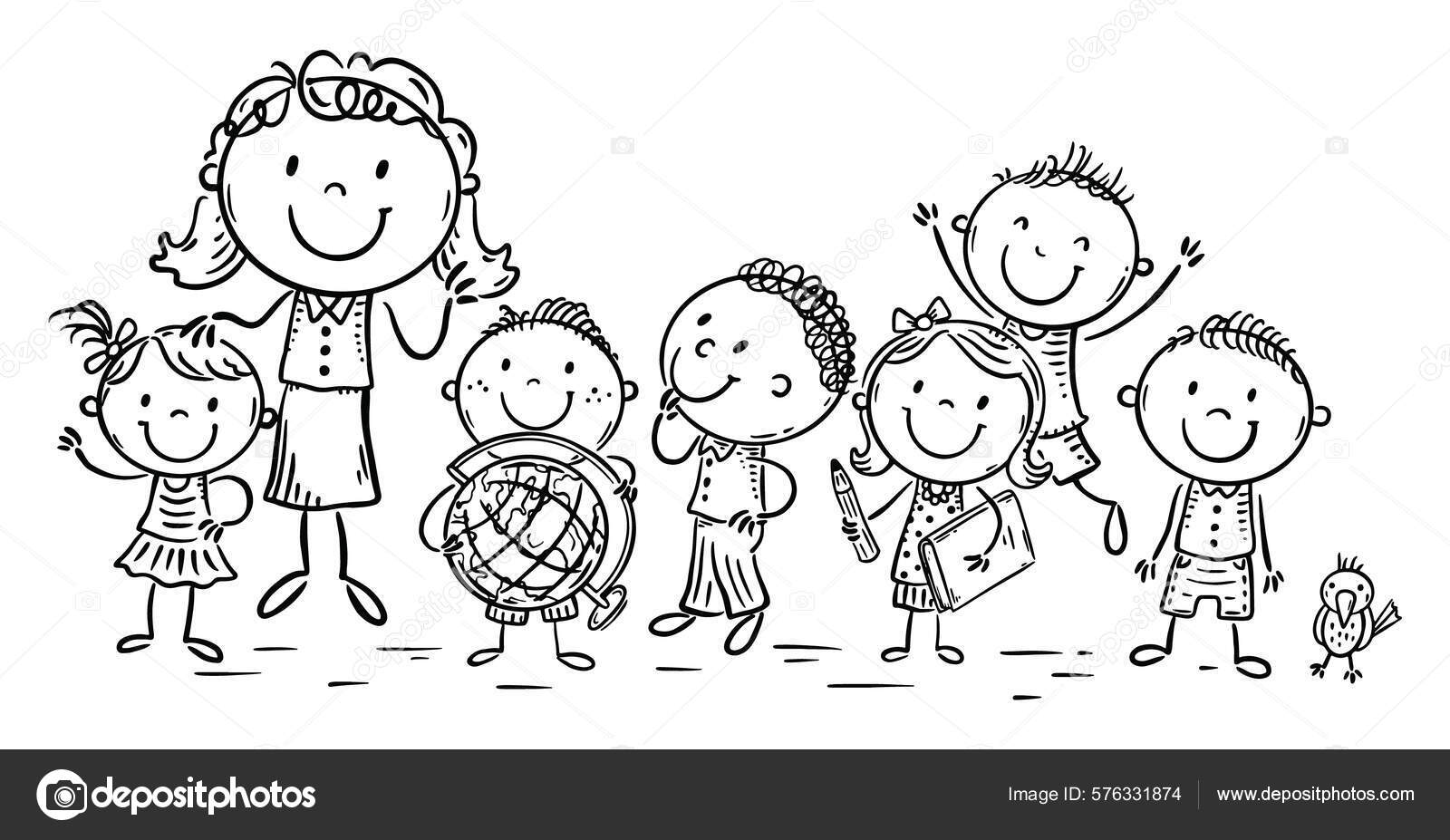 Happy Doodle Schoolkids Teacher School Kindergarten Cartoon Outline ...