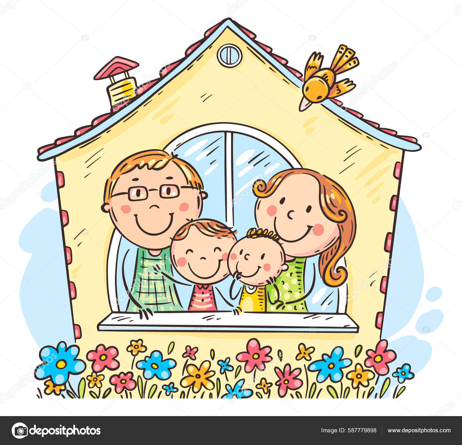 Happy Cartoon Family House Vector Illustration Ilustración de stock de ...