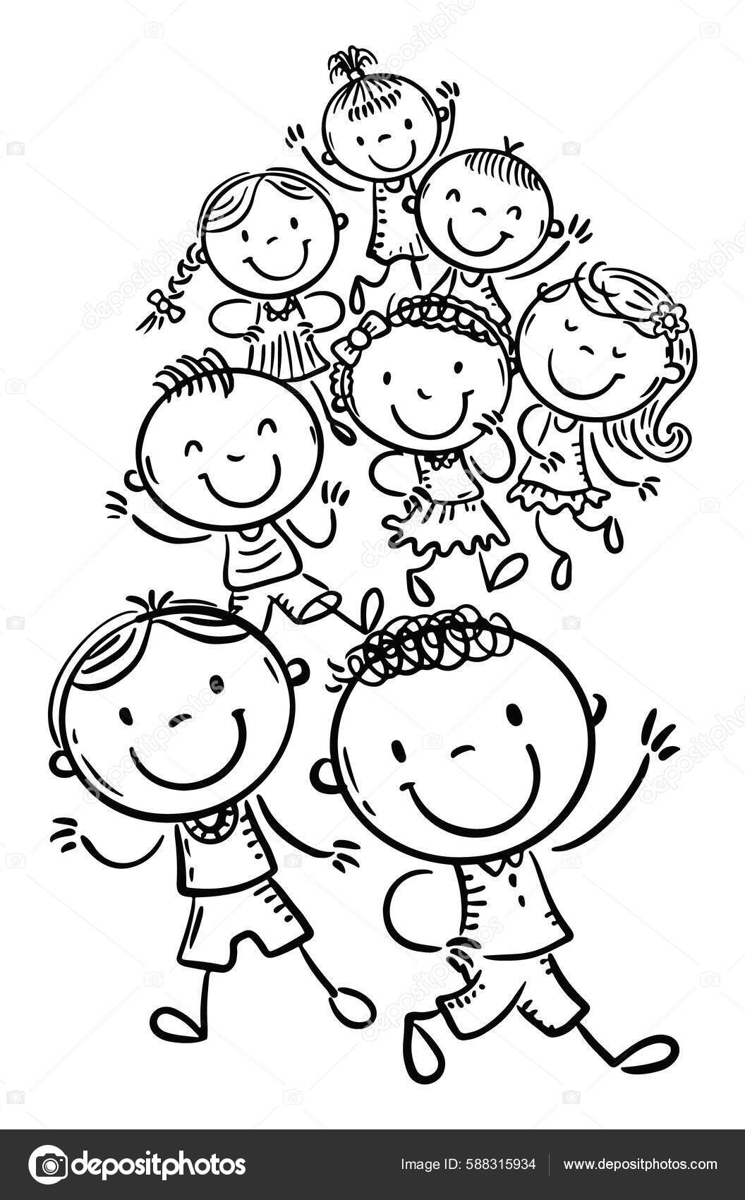 Crowd Happy Kids Playing Outdoors Hand Drawn Outline Vector Clipart ...