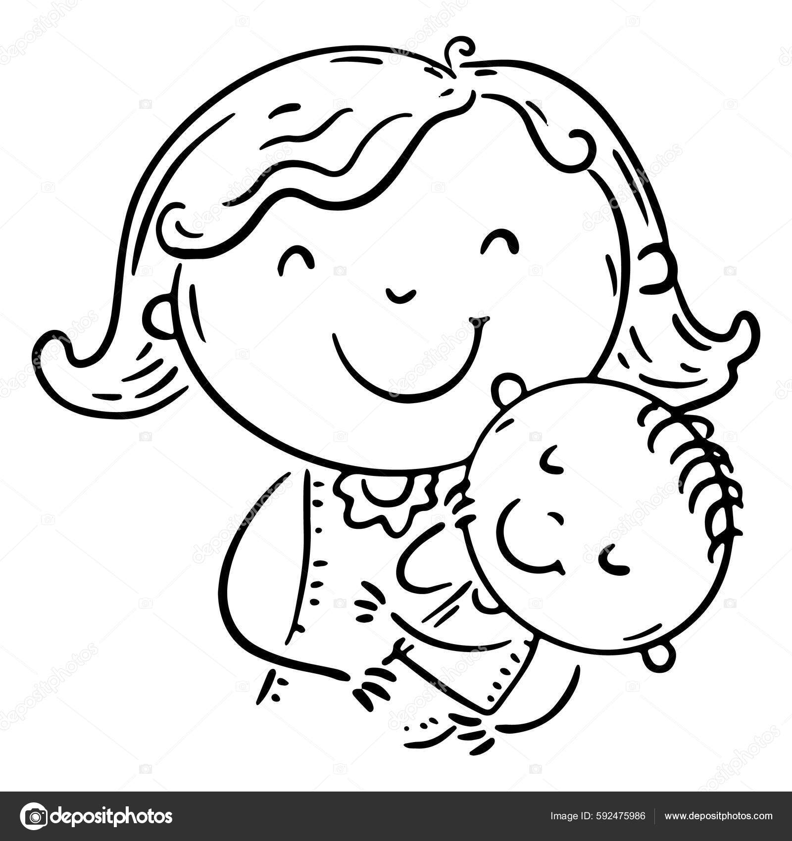 Doodle Family Clipart Mother Embracing Baby Outline Vector Illustration ...