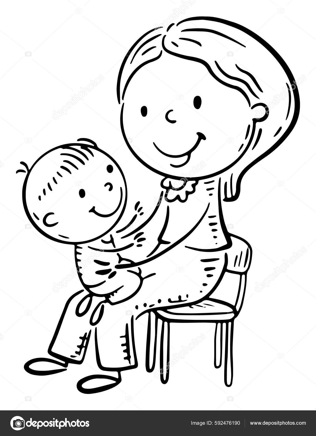 Happy Cartoon Mother Playing Child Outline Vector Illustration Stock ...