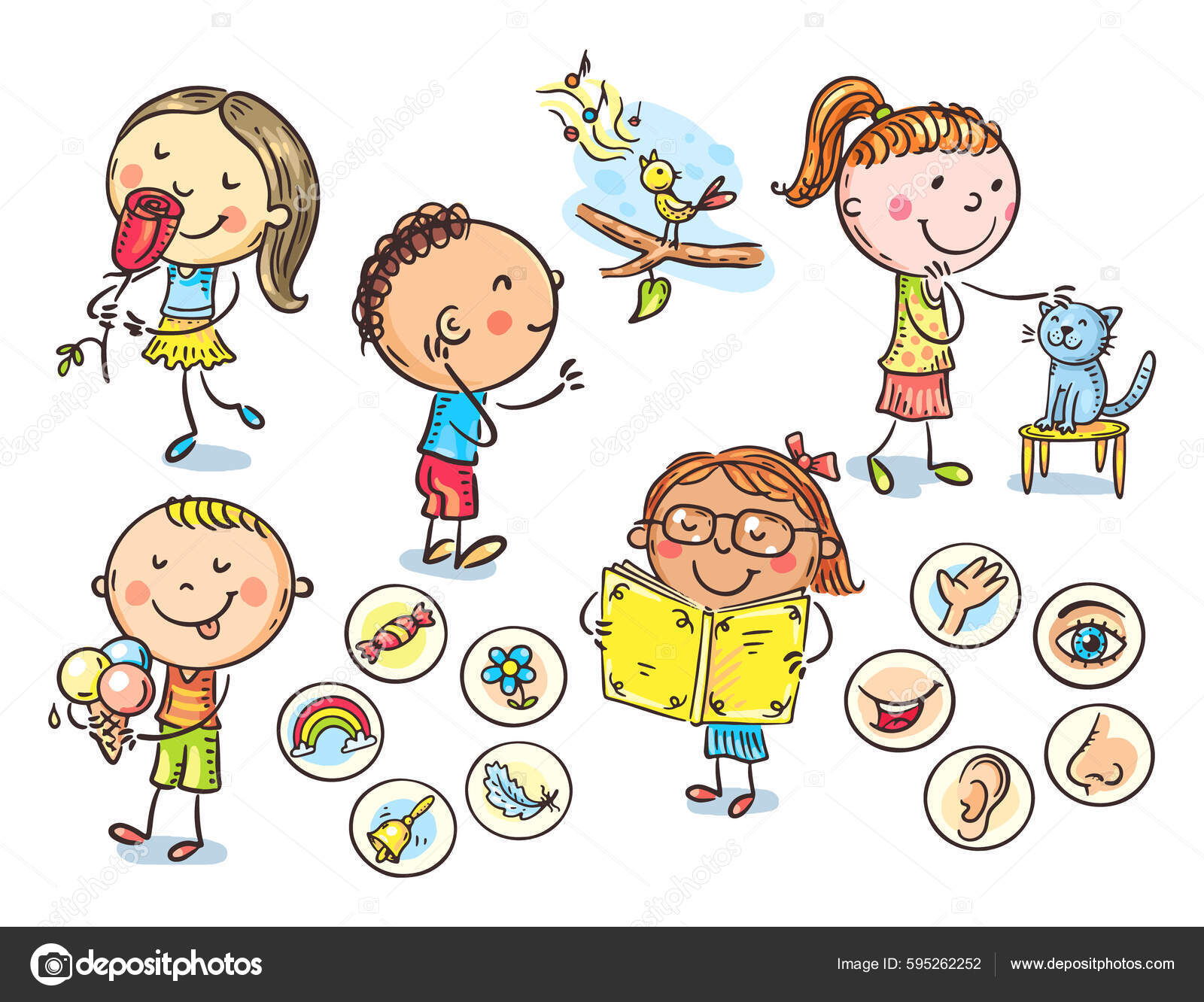 Children Showing Five Senses Smell Hear Sight Taste Touch Colorful ...