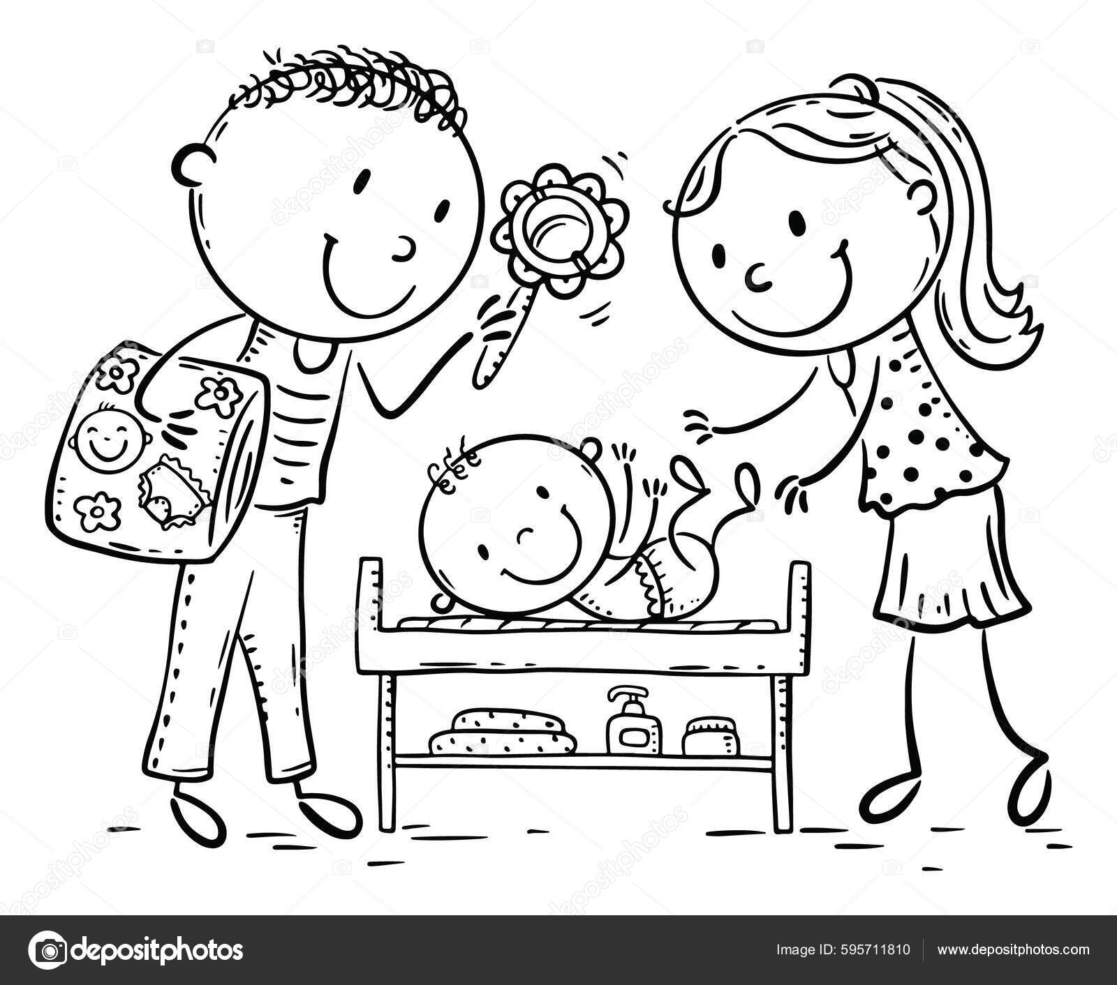 Line Drawing Parents Changing Baby's Diaper Family Restroom Changing ...