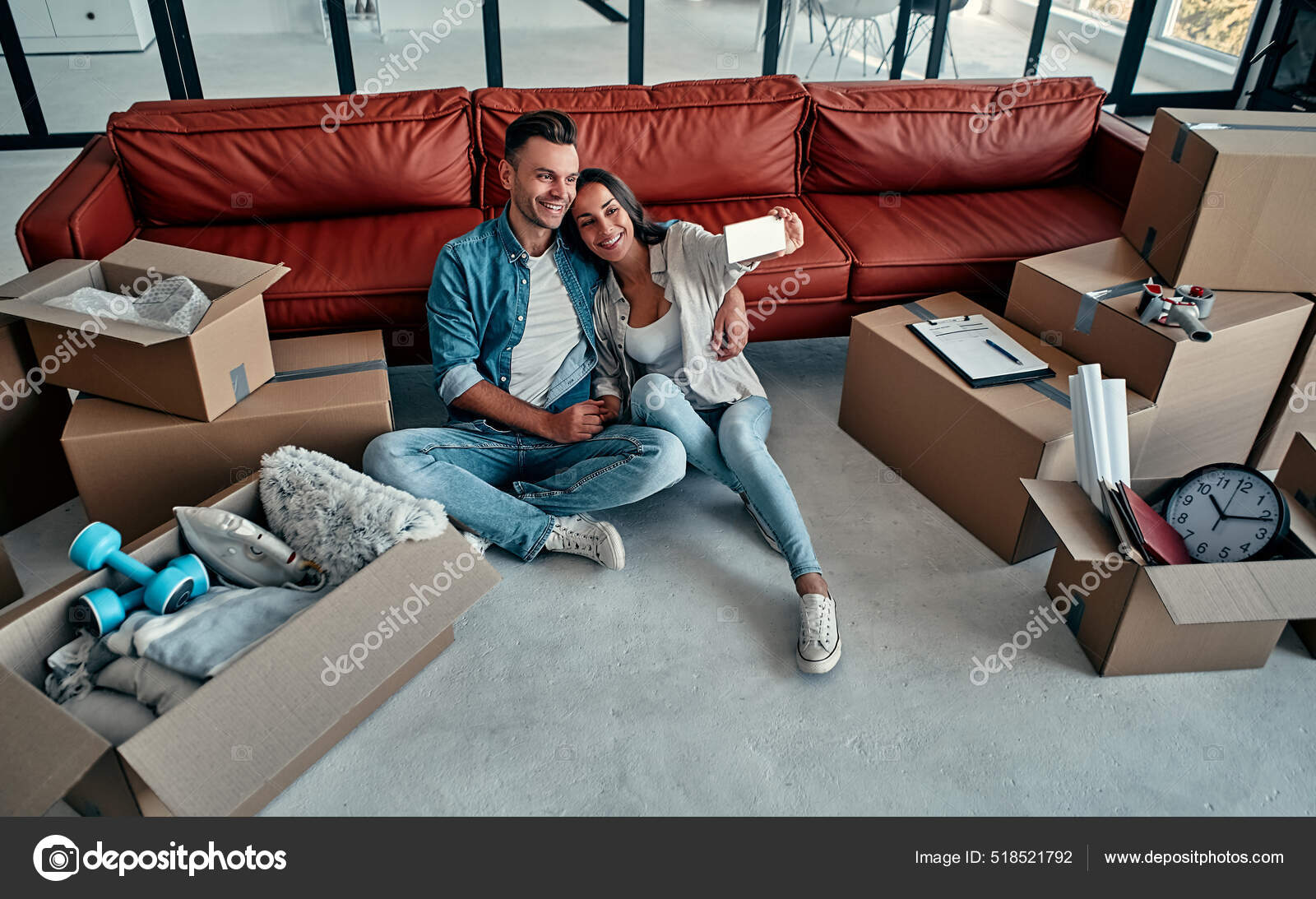 Young Couple Taking Selfies Her Smartphone New Home Moving Buying ...
