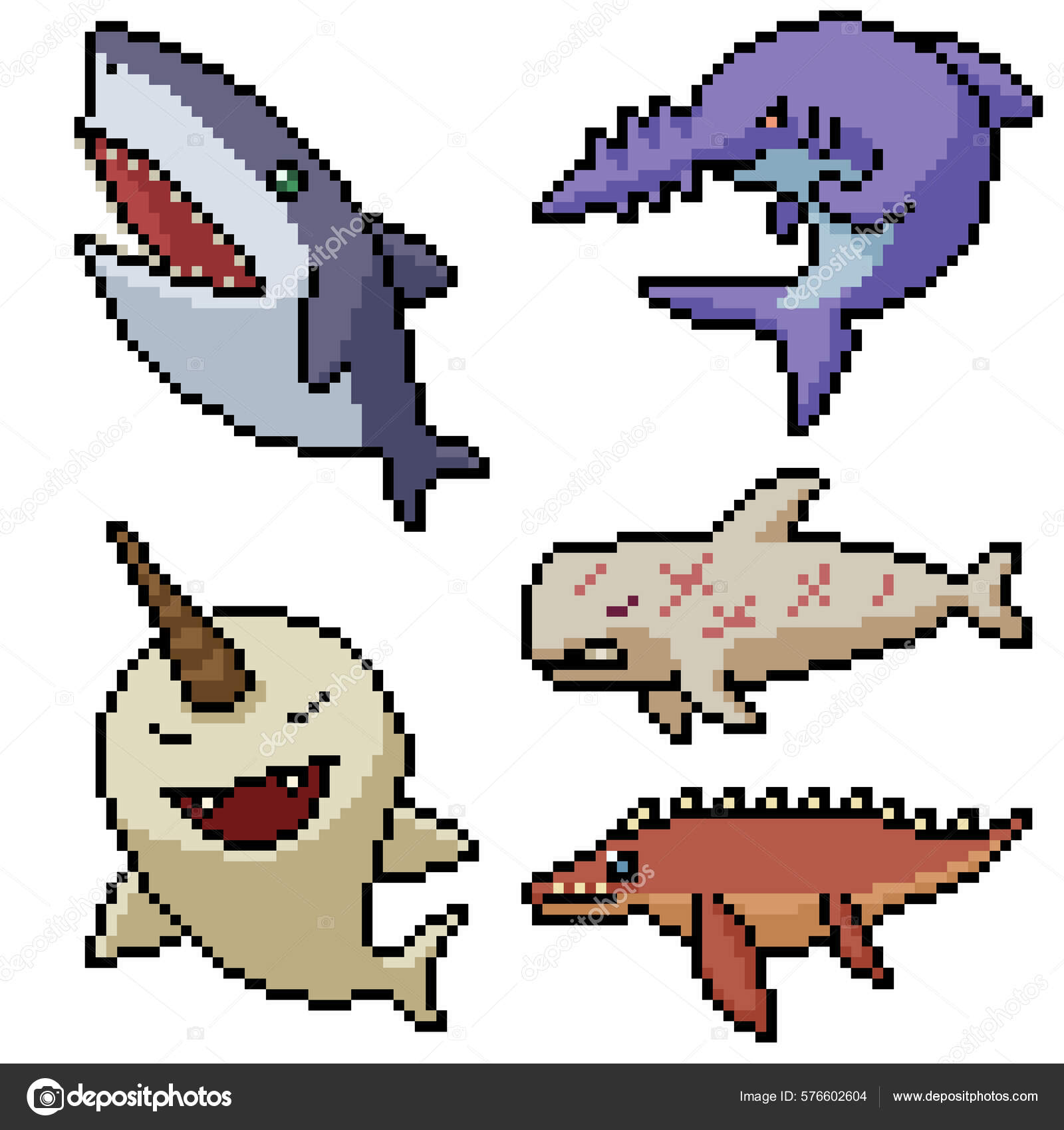 Pixel Art Set Isoliert Fisch Monster Stock-Vektorbild von ©non157 576602604