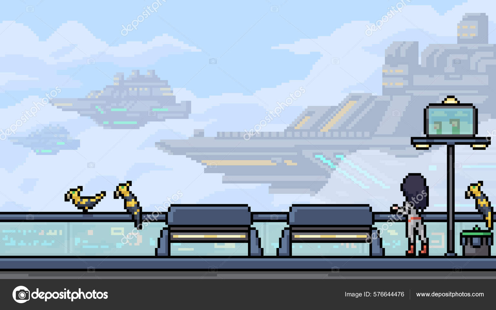 Vector Pixel Art Scene Sci Airship Stock Vector Image by ©non157 #576644476