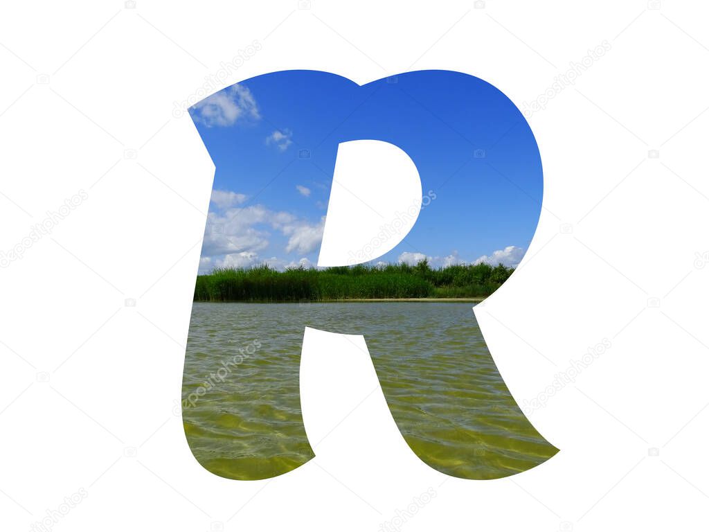 letra R del alfabeto hecha con un paisaje de cielo azul, cañas verdes y ...