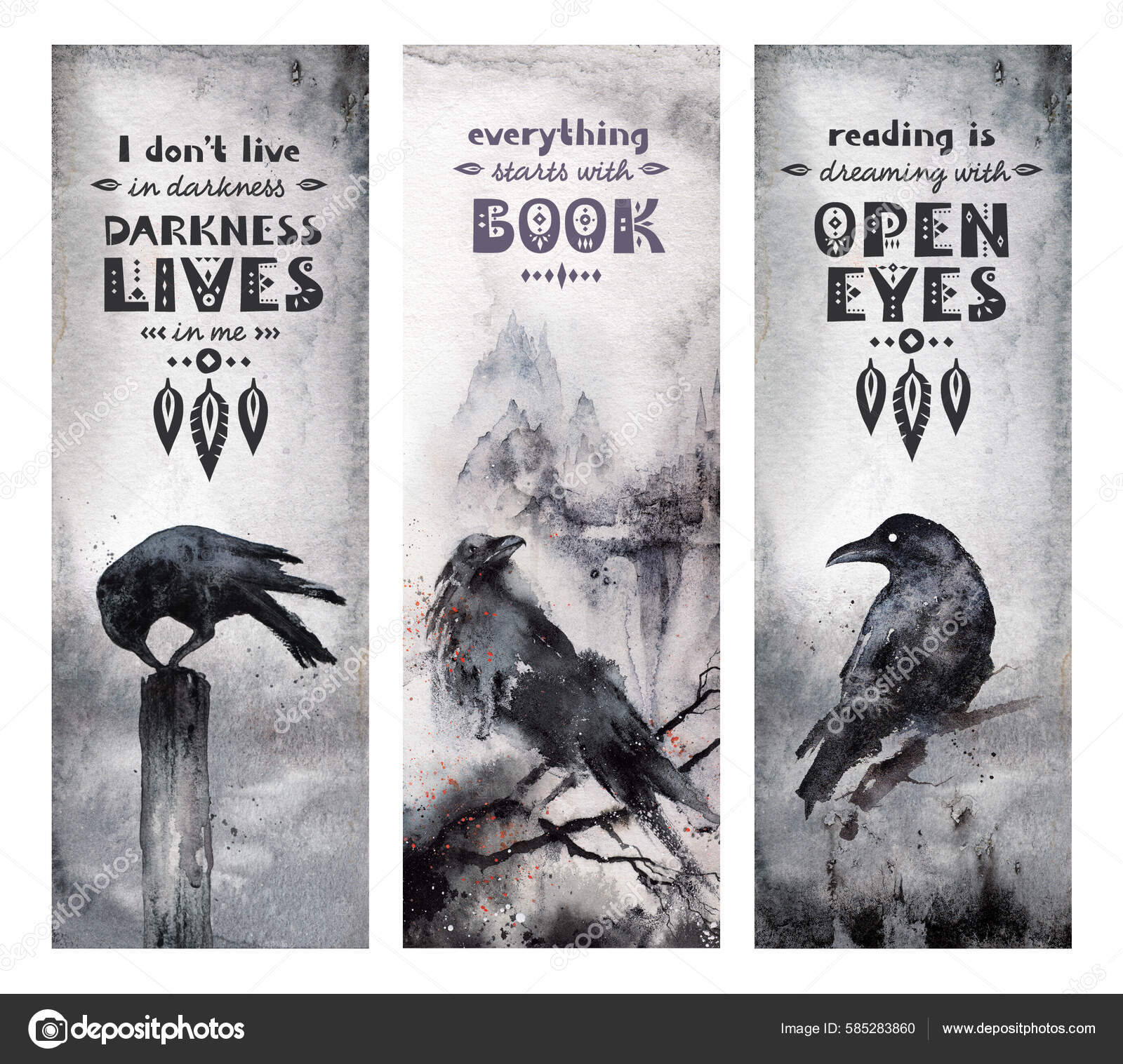 Black Raven Bookmark Horror Book Dark Fantasy Watercolor Illustration ...